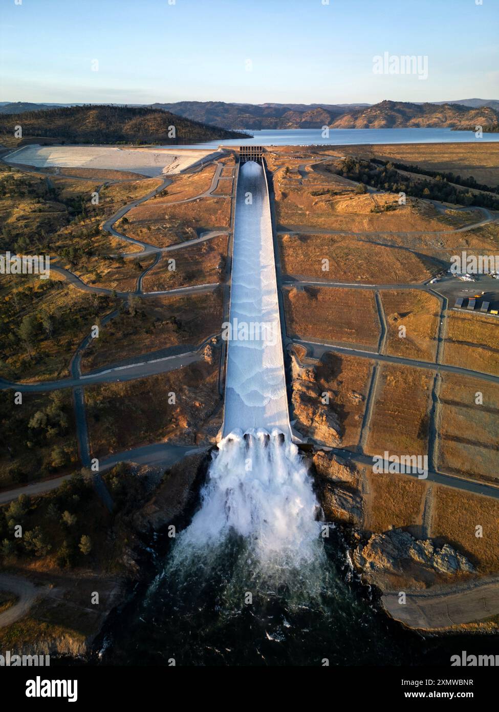 Aerial view of the new Lake Oroville dam spillway in action discharging ...