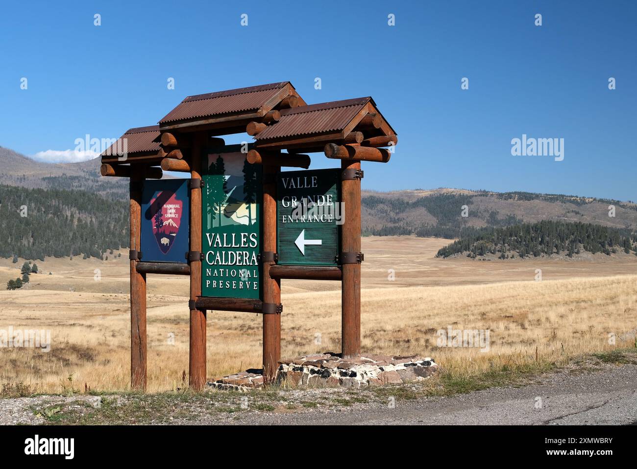 Sign at the entrance for Valley Caldera National Preserve in New Mexico ...