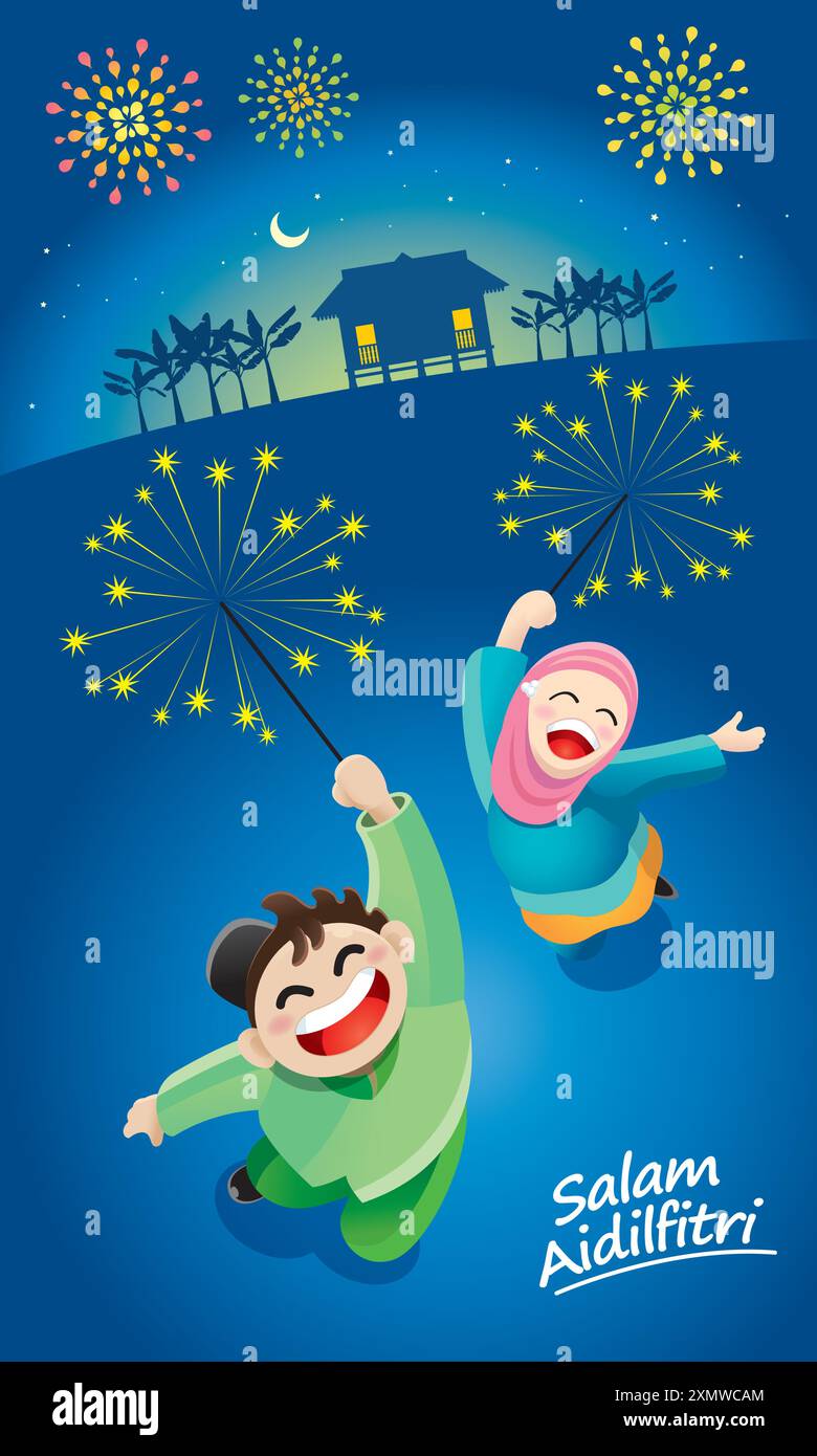 A boy and a girl are playing with fireworks during Raya festival ...