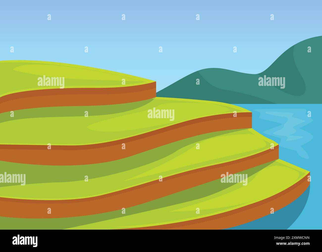 Green rice paddy fields terraces by the lake with mountains in ...