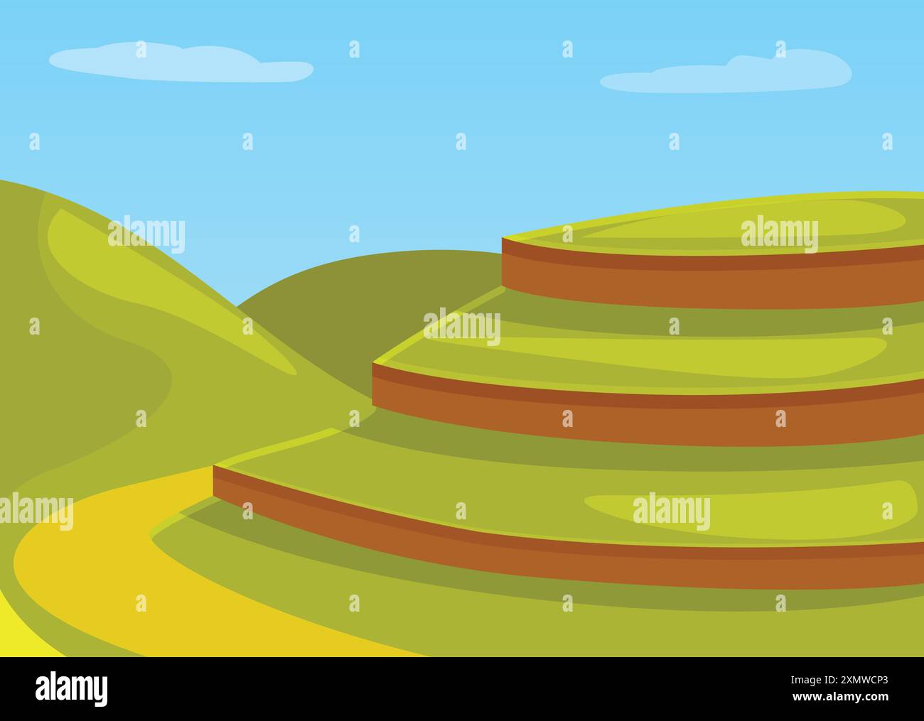 Illustration of a green landscape with rice terraces forming steps over ...