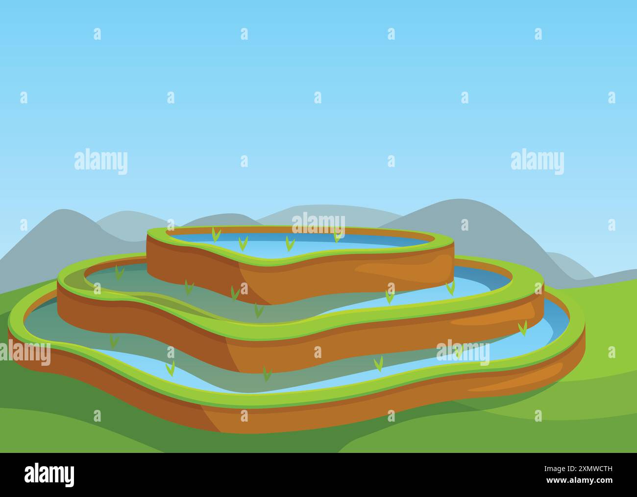 Cartoon illustration of rice paddy field farming terrace plantation in ...