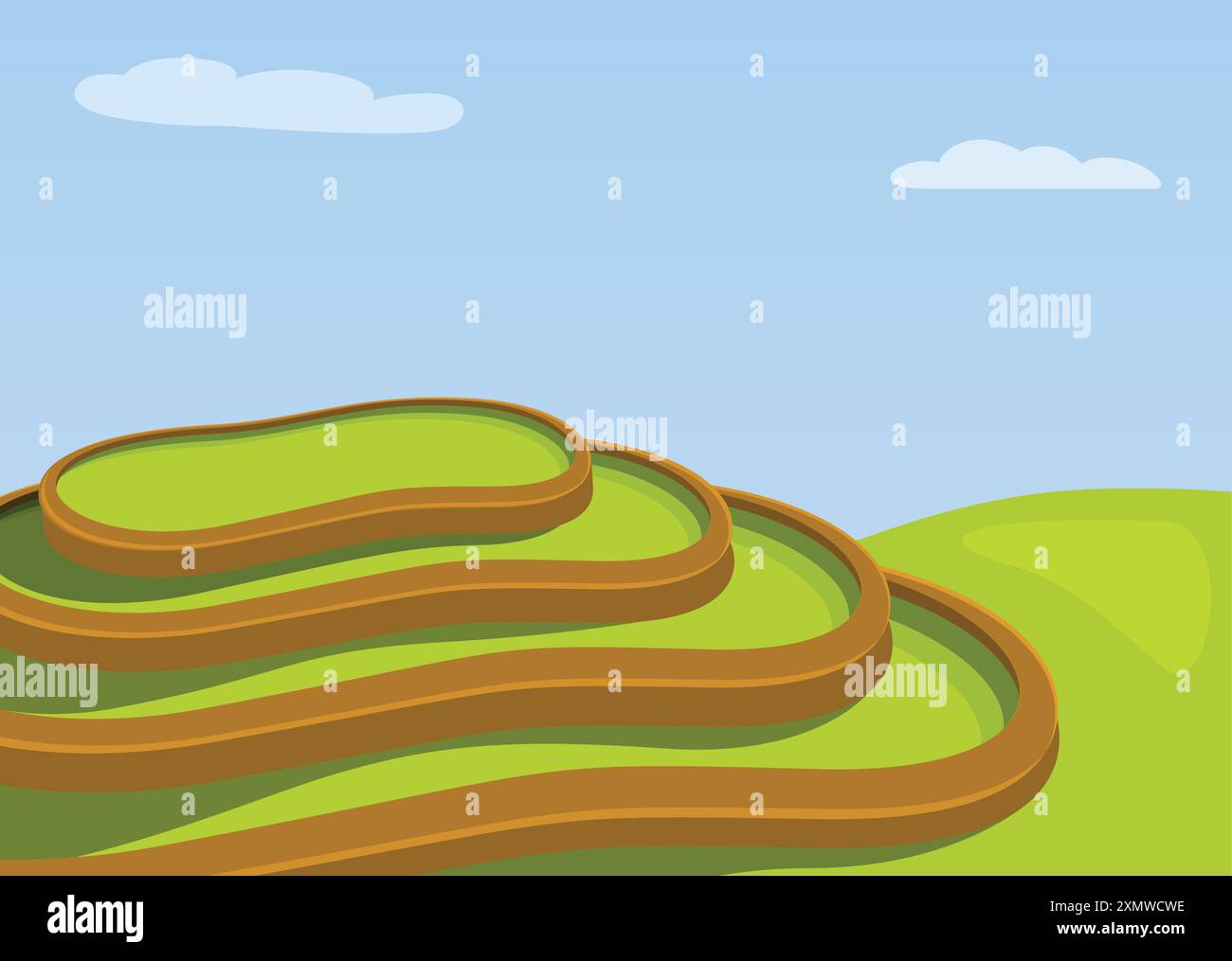 Green rice terraces forming steps cultivated on hillside, traditional ...