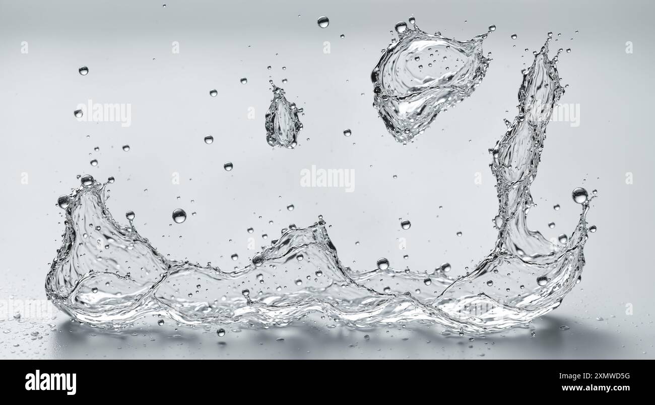 Water droplets frozen in mid-air, splash patterns against white ...