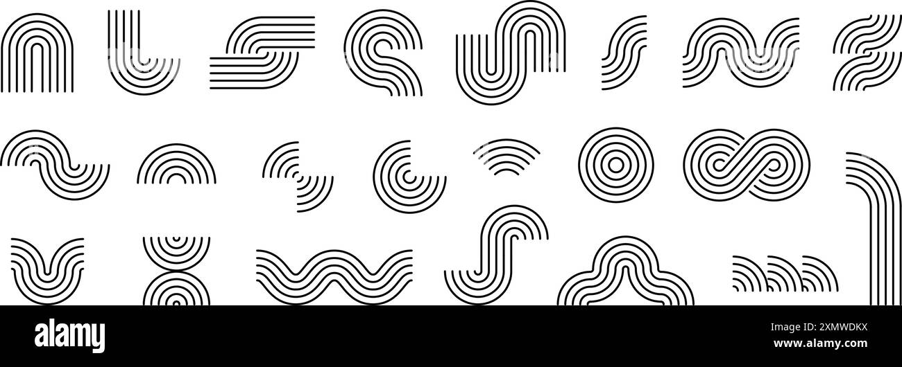 Black boho style geometric shape set. Mid century curves, waves and ...