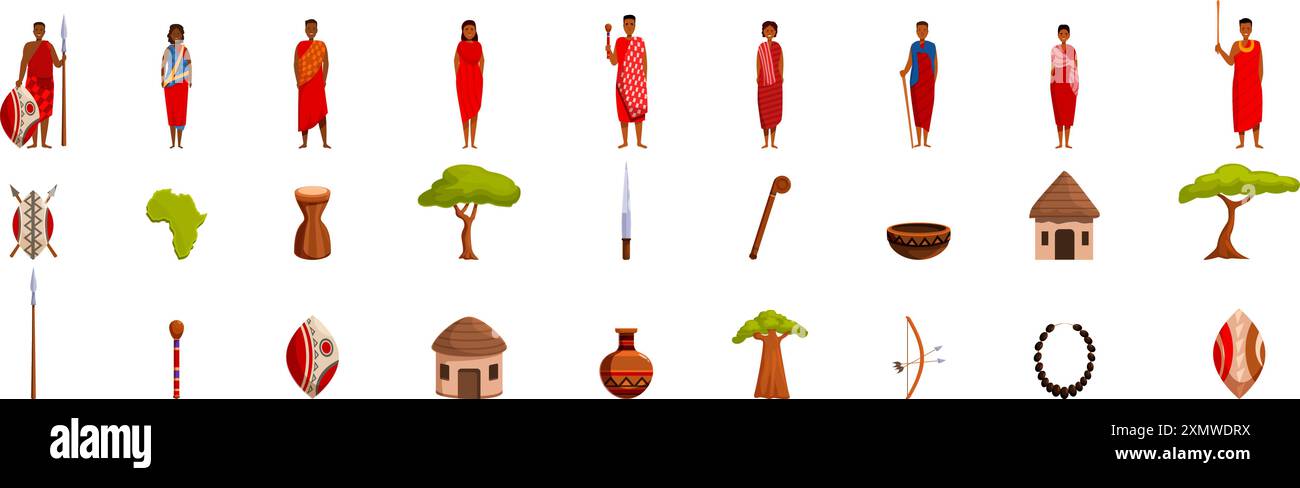Maasai icons set. African tribe members wearing traditional clothes ...
