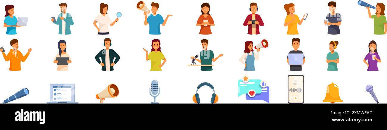 Listen social media icons set. People using technology to communicate ...