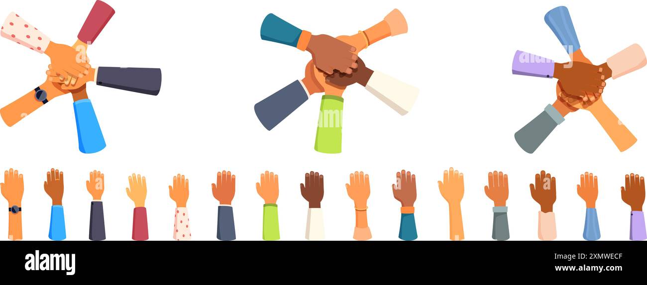 Diverse hands stack icons set. Business team joining hands together in ...