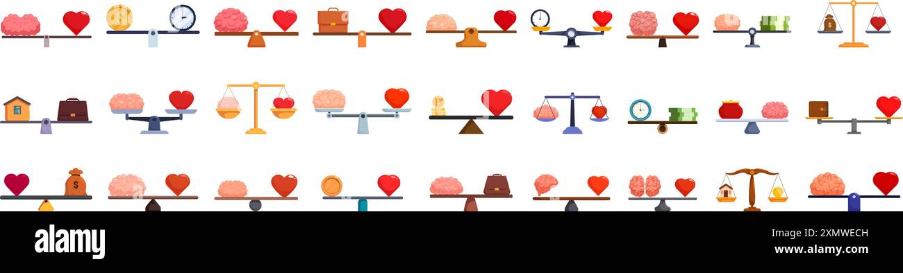Brain heart balance icons set. Choosing between wisdom and love ...