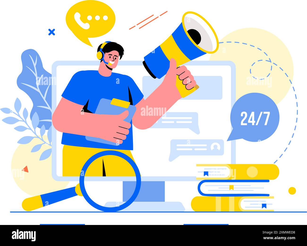 Call Center Agent Vector Illustration of Customer Service or Hotline Operator with Headsets or ...