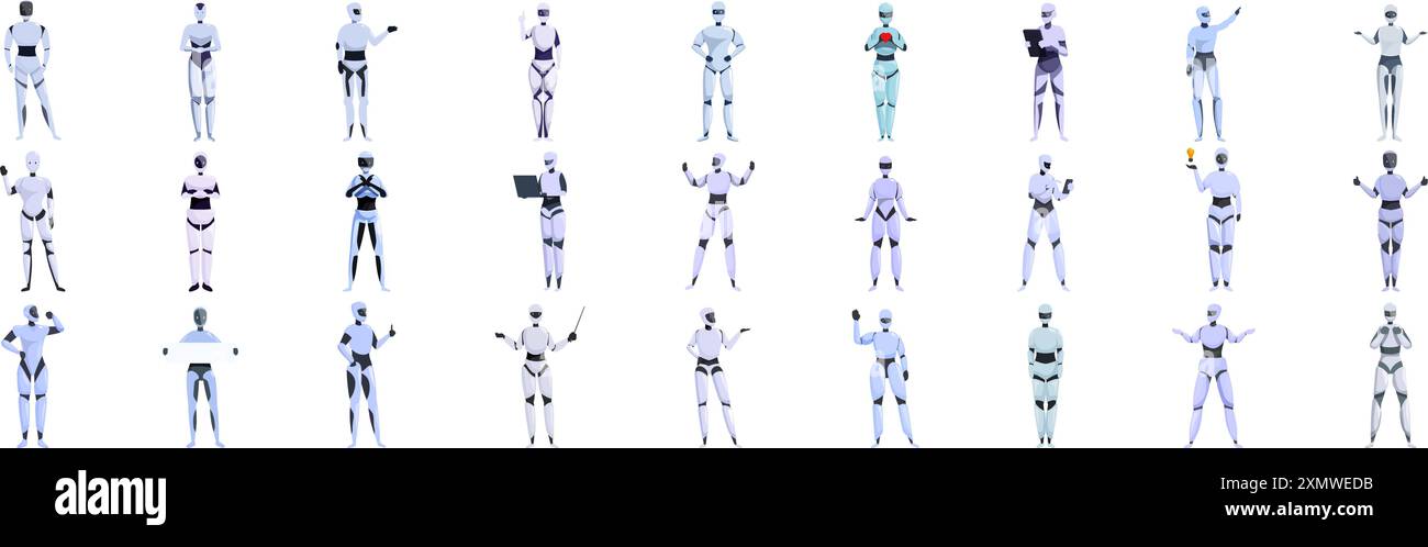 Lady robot icons set. Diverse collection of robots assuming various ...
