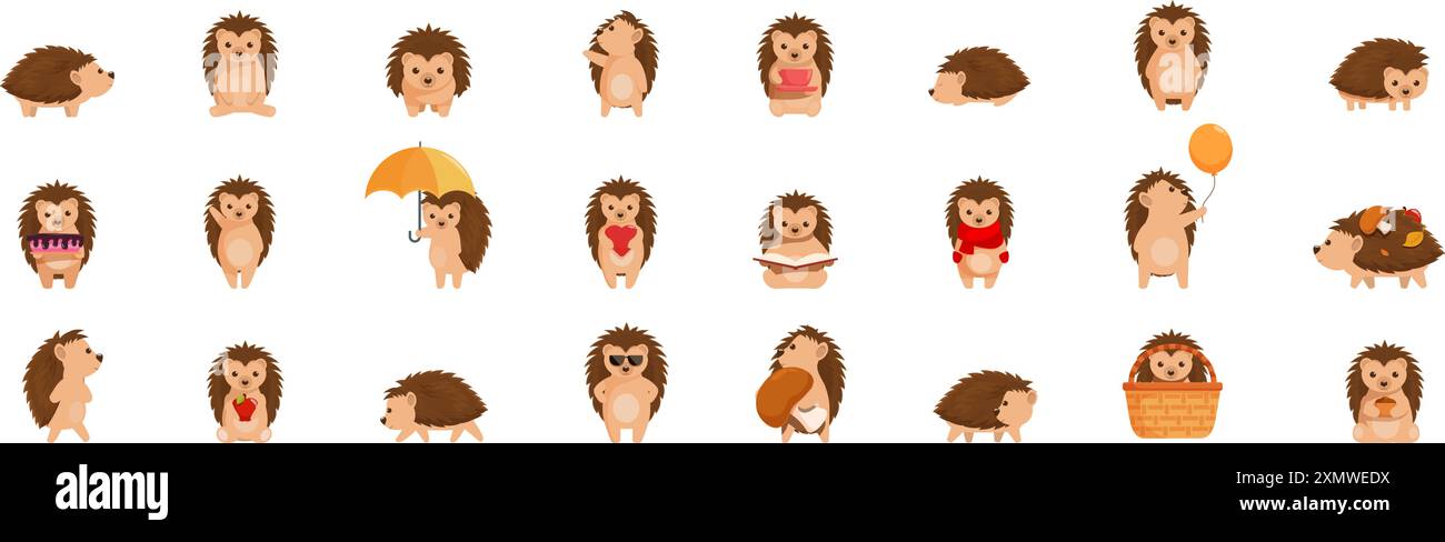 Funny hedgehog icons set. Set of cute cartoon hedgehog character doing ...