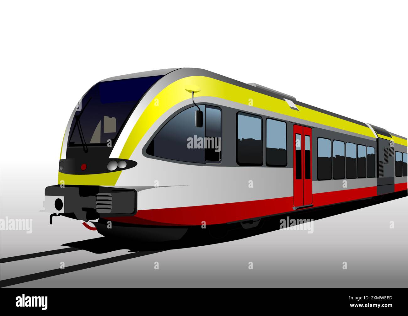 Gray-red-yellow modern speed bullet train. Fast suburban, subway, metro ...
