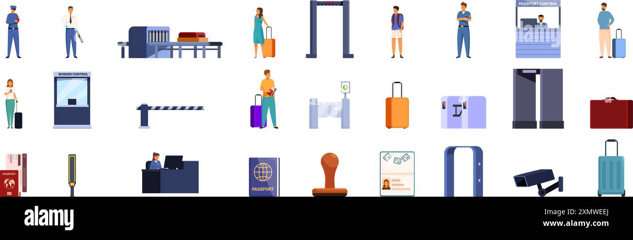 Passport border control icons set. Airport security check concept with ...