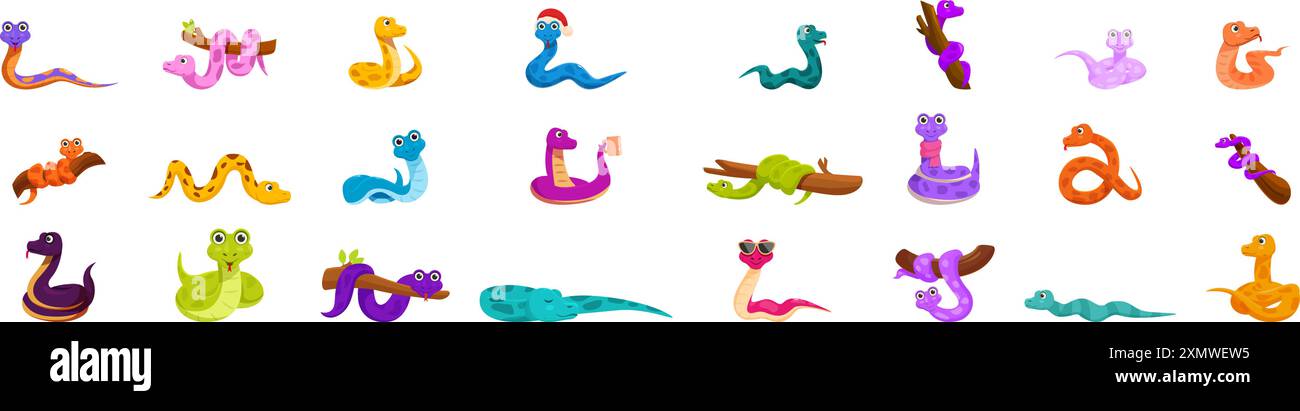 Cute funny snakes icons set. Collection of cartoon snakes in various ...
