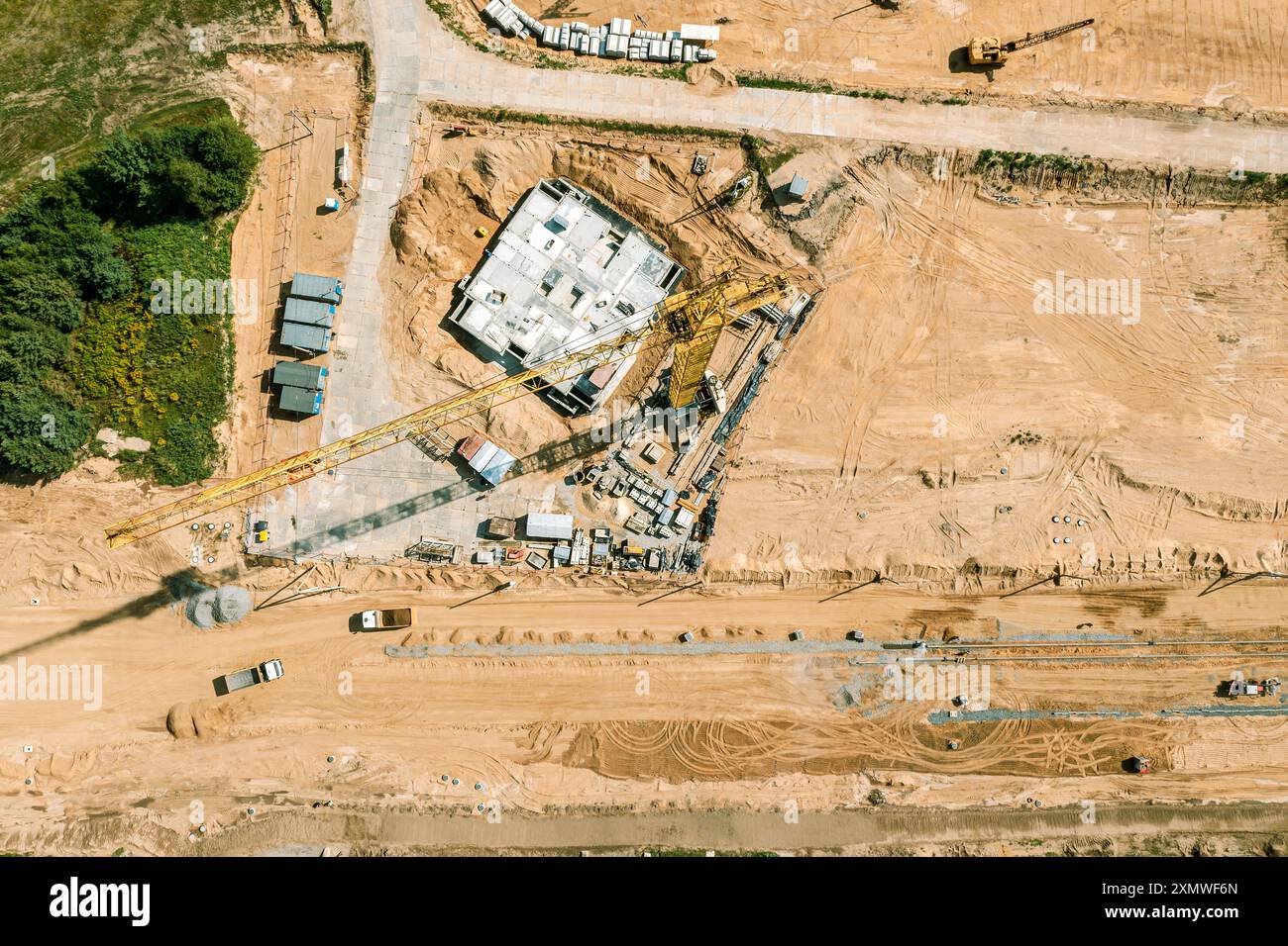 aerial top view of building site. first floor slabs installation. new ...