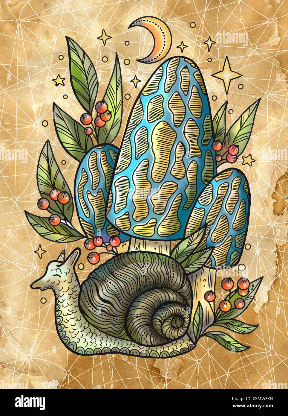 Vintage illustration with mystic mushrooms, magic and floral decorative ...
