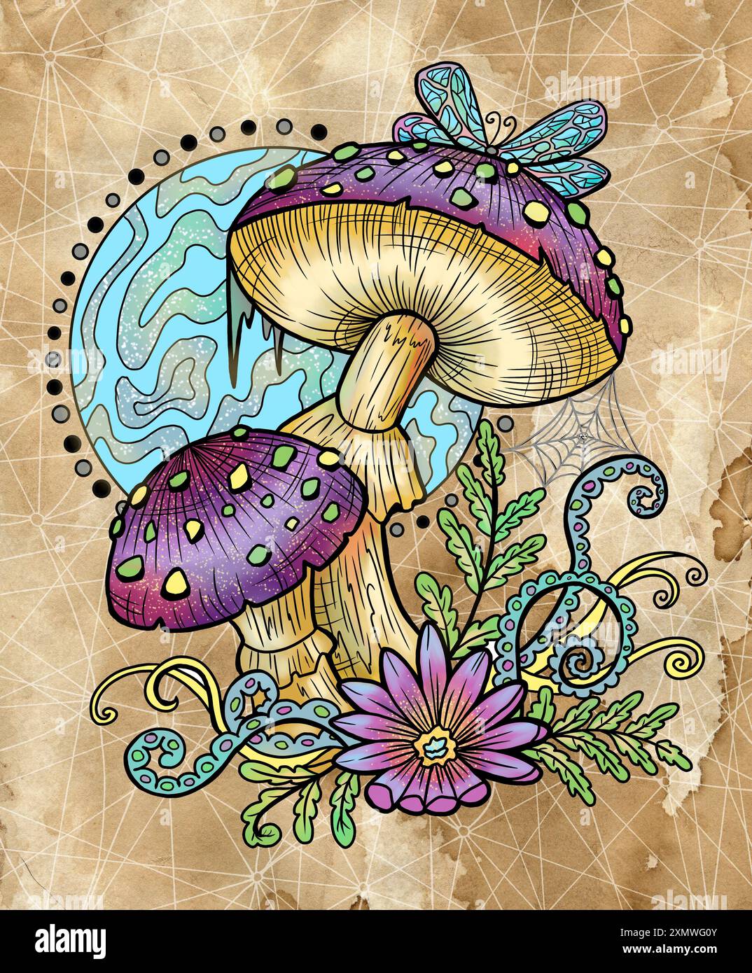 Vintage illustration with mystic mushrooms, magic and floral decorative ...