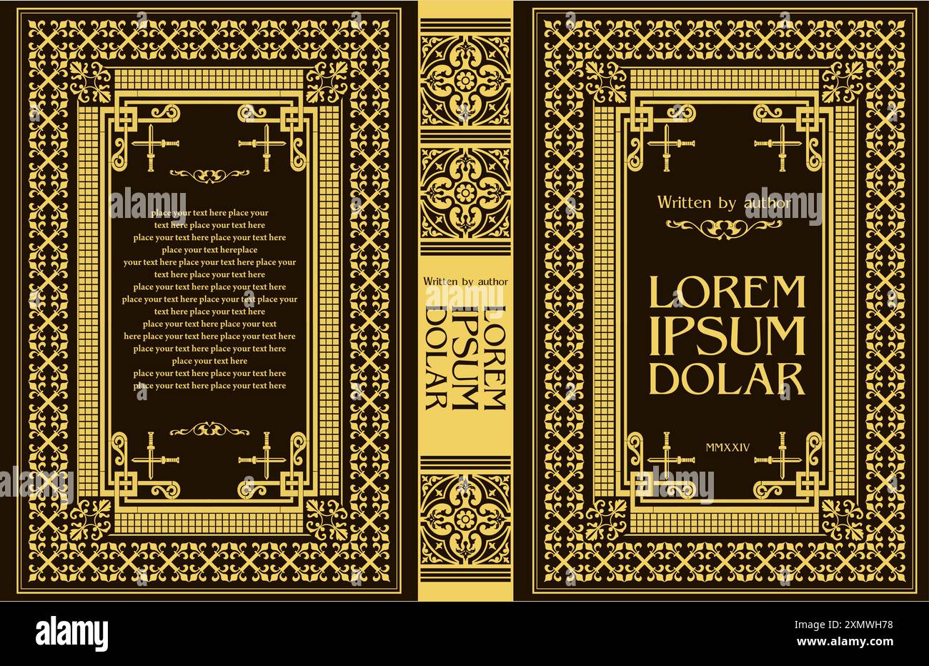 Cover book for medieval novel. Old retro ornament frames. Royal Golden ...