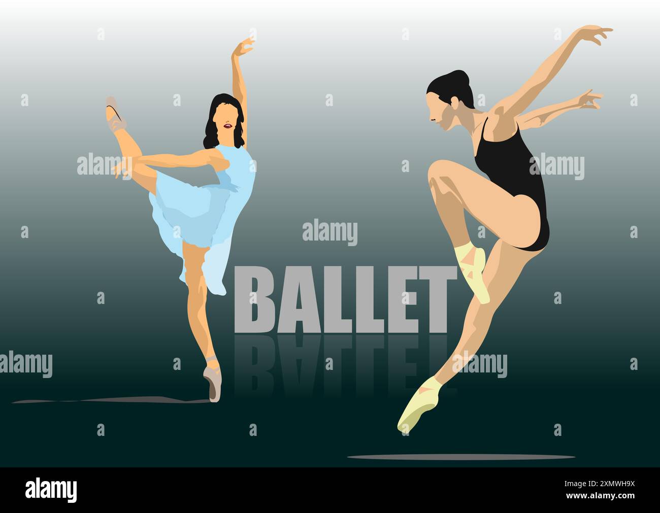 Composition from silhouettes of dancers in ballet poses. Color 3d ...