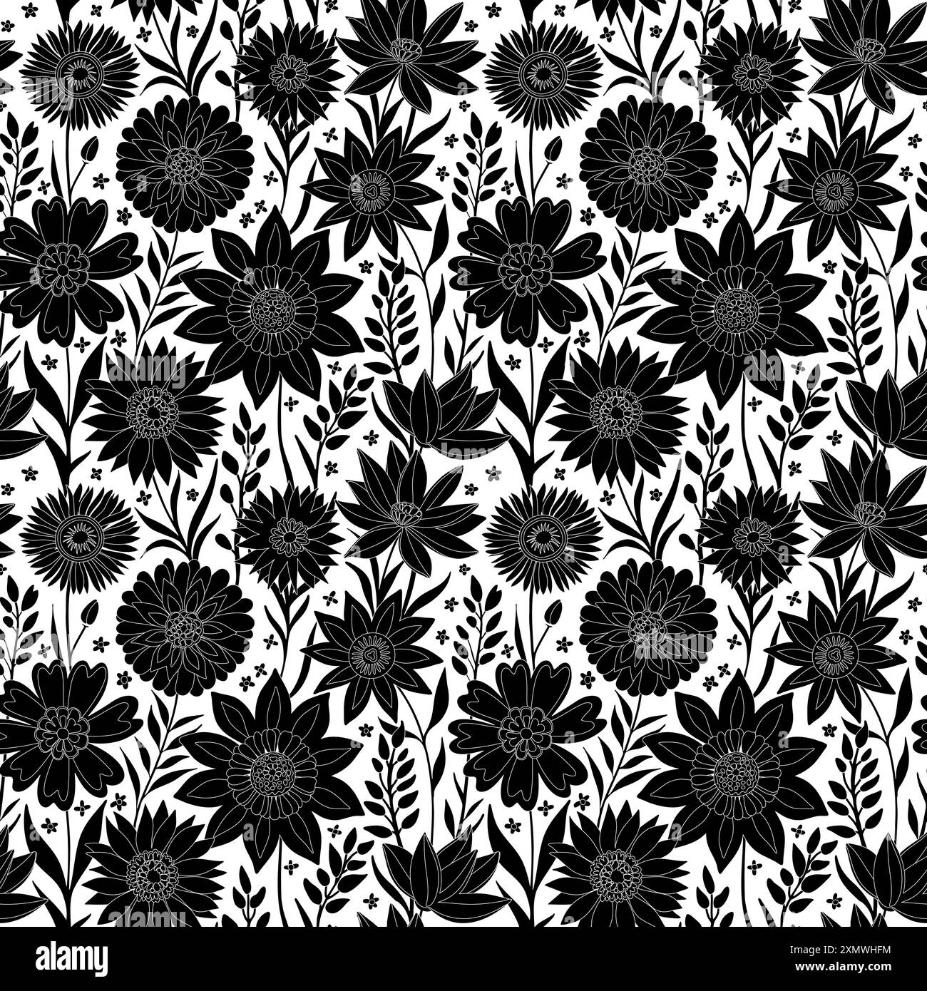 Half drop Floral Seamless Pattern of Fantasy Flower Field Drawing ...