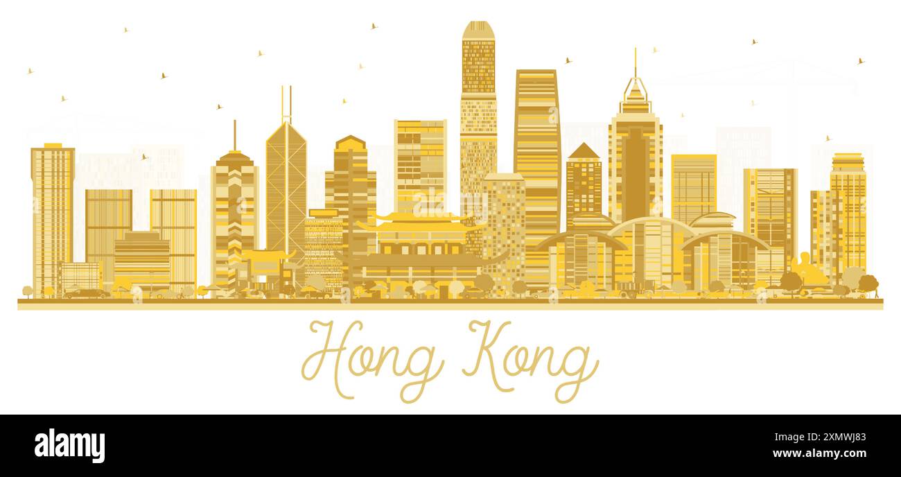 Hong Kong China City Skyline silhouette with golden Buildings Isolated on White. Vector ...