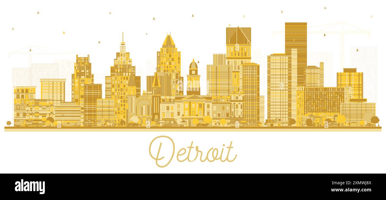 Detroit Michigan City Skyline silhouette with golden Buildings Isolated ...