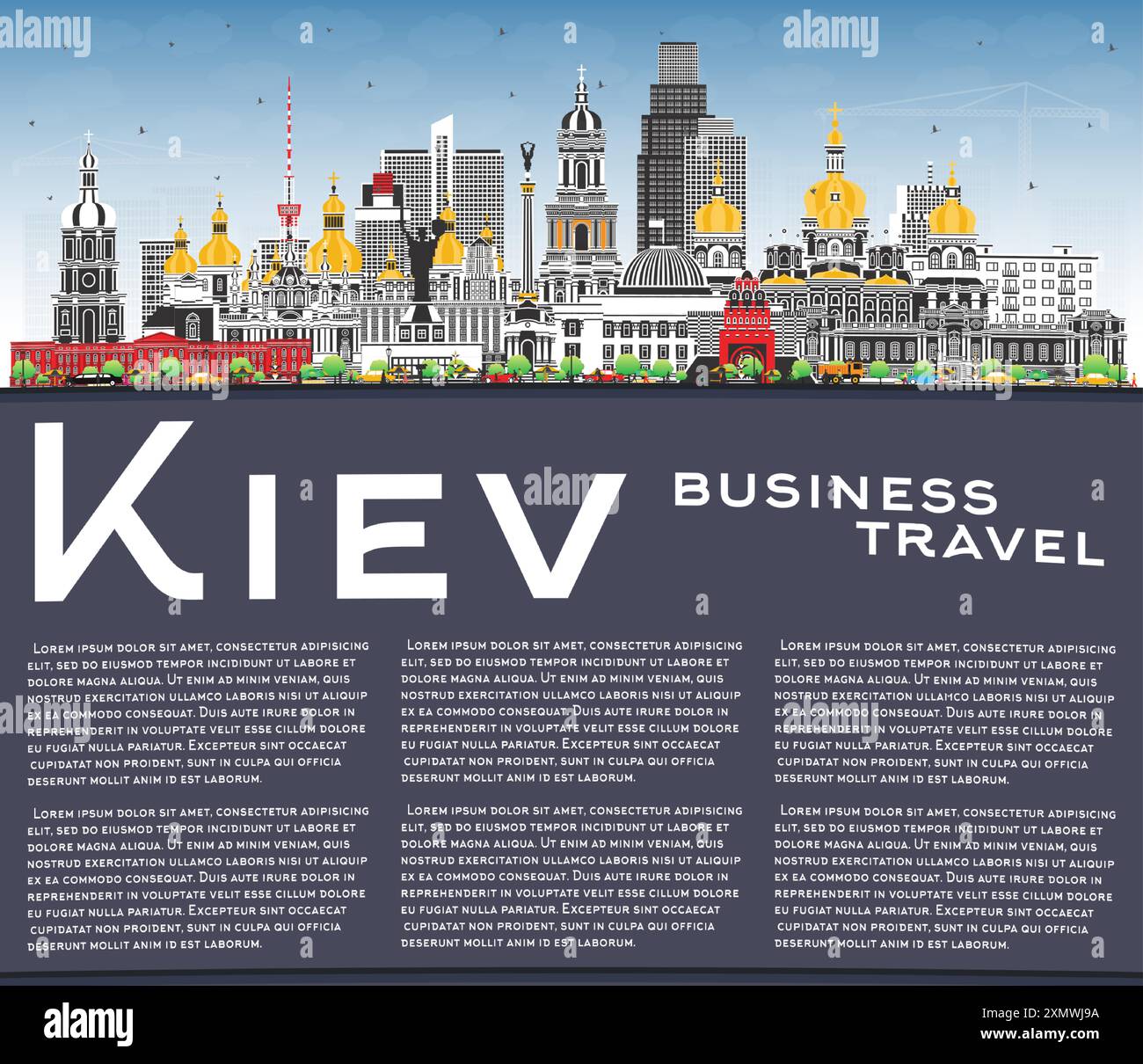 Kiev Ukraine city skyline with color buildings, blue sky and copy space ...