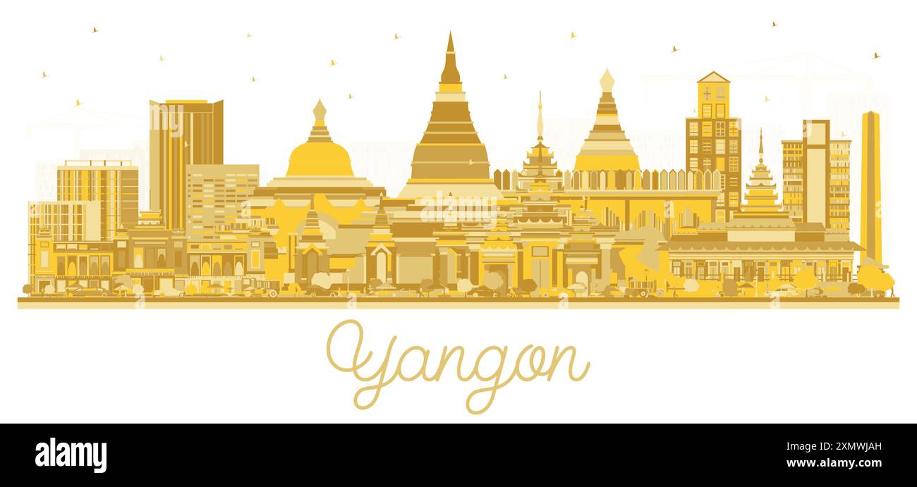 Yangon Myanmar City Skyline silhouette with golden Buildings Isolated ...
