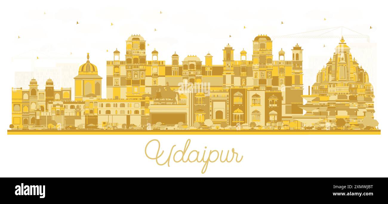 Udaipur India City Skyline silhouette with golden Buildings Isolated on ...