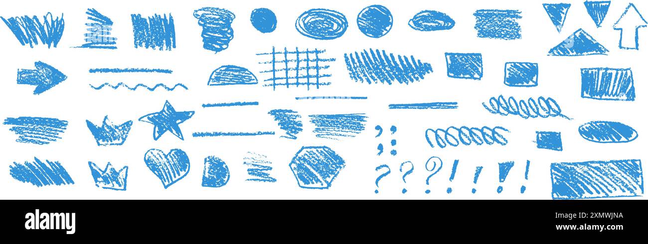 Blue underline pencil hand drawn various ellipses, punctuation marks ...