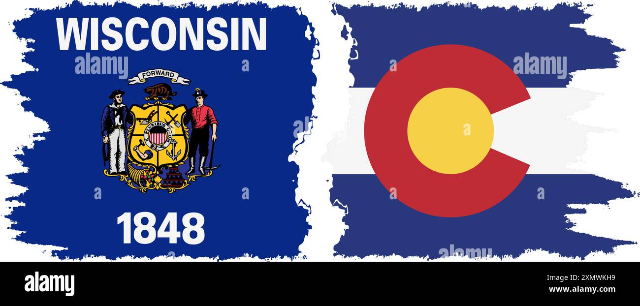 Colorado and Wisconsin states grunge brush flags connection, vector ...