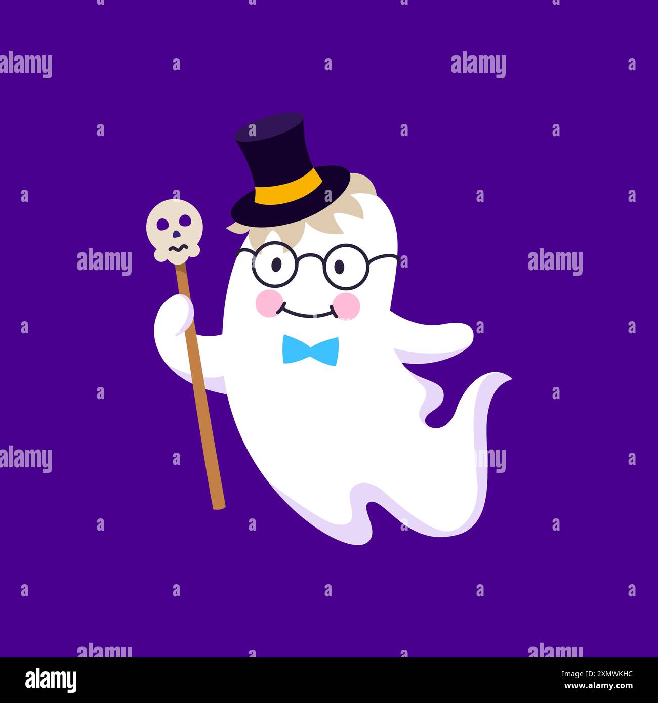 Funny cartoon Halloween kawaii ghost character dons elegant gentleman ...
