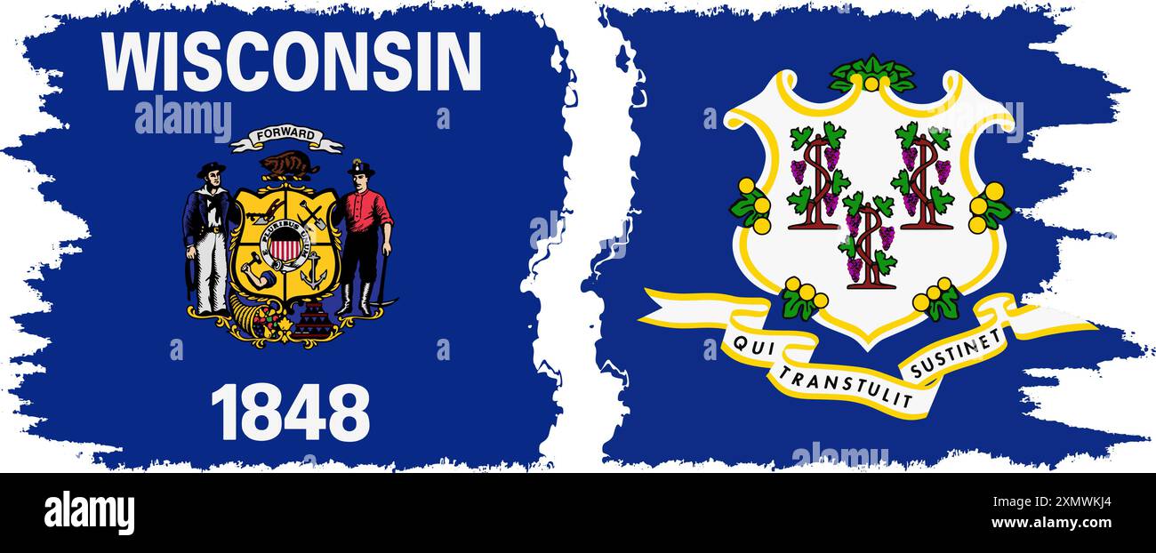 Connecticut and Wisconsin states grunge brush flags connection, vector ...