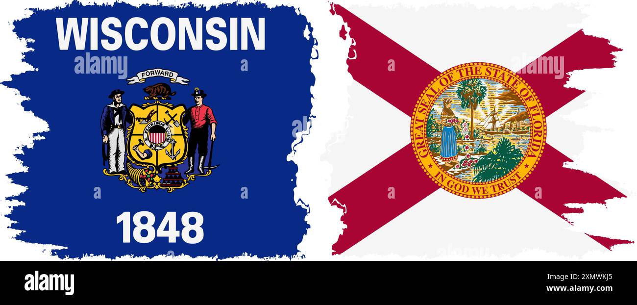 Florida and Wisconsin states grunge brush flags connection, vector ...
