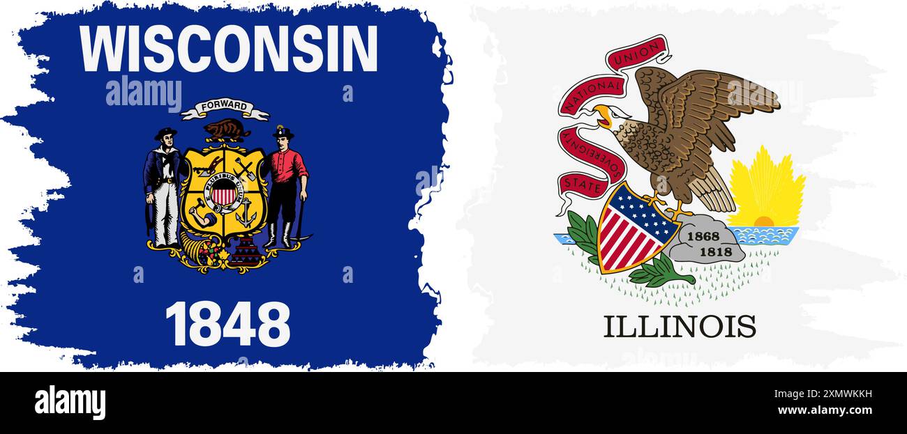 Illinois and Wisconsin states grunge brush flags connection, vector ...