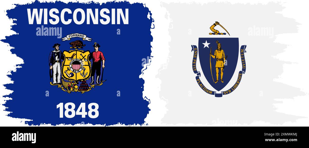 Massachusetts and Wisconsin states grunge brush flags connection ...