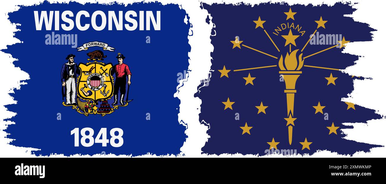 Indiana and Wisconsin states grunge brush flags connection, vector ...