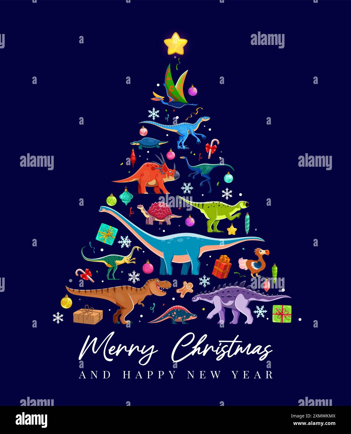 Christmas holiday dinosaurs tree with Xmas gifts, balls, snow and star ...