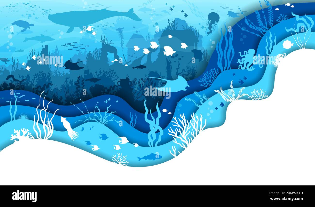 Paper cut underwater landscape with corals and reefs, seaweeds and sea ...