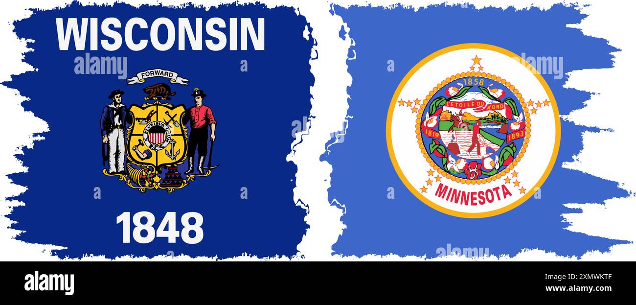 Minnesota and Wisconsin states grunge brush flags connection, vector ...