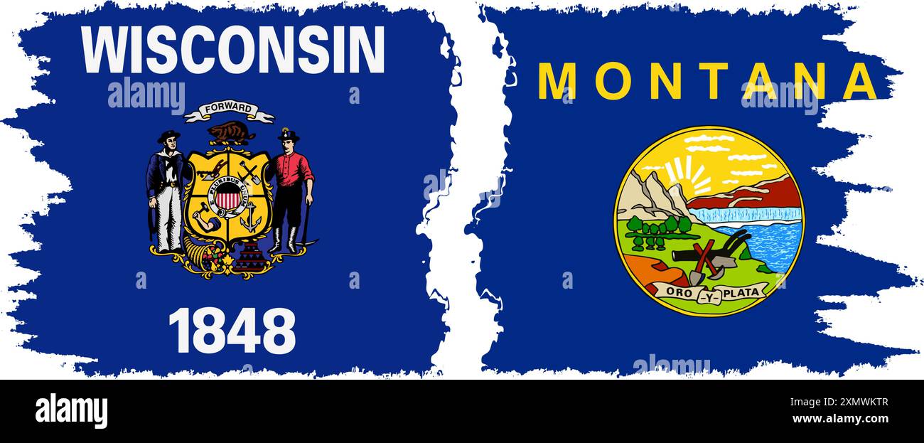 Montana and Wisconsin states grunge brush flags connection, vector ...