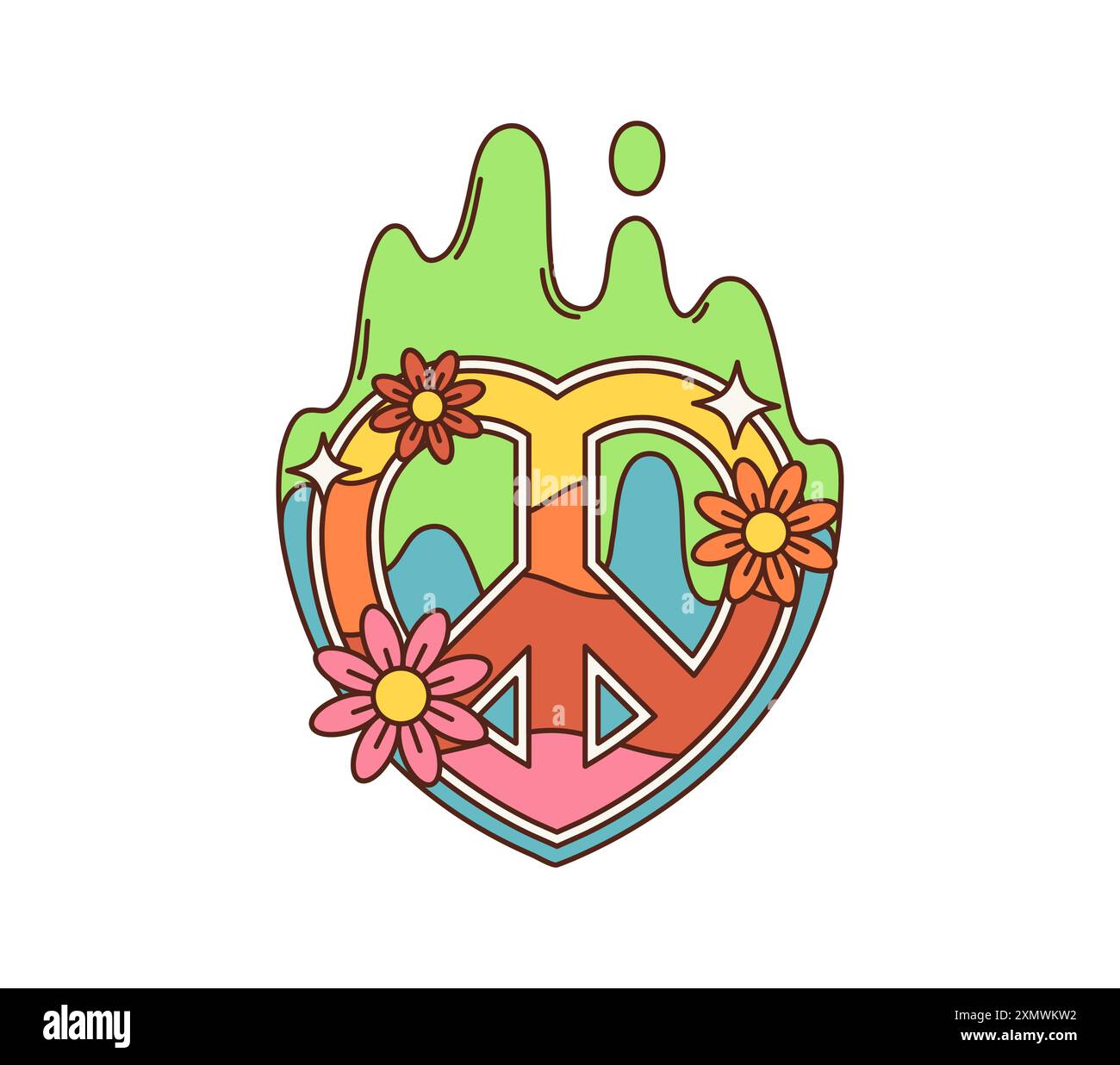 Cartoon retro groovy hippie peace sign. Isolated vector vibrant emblem with daisy flowers and ...