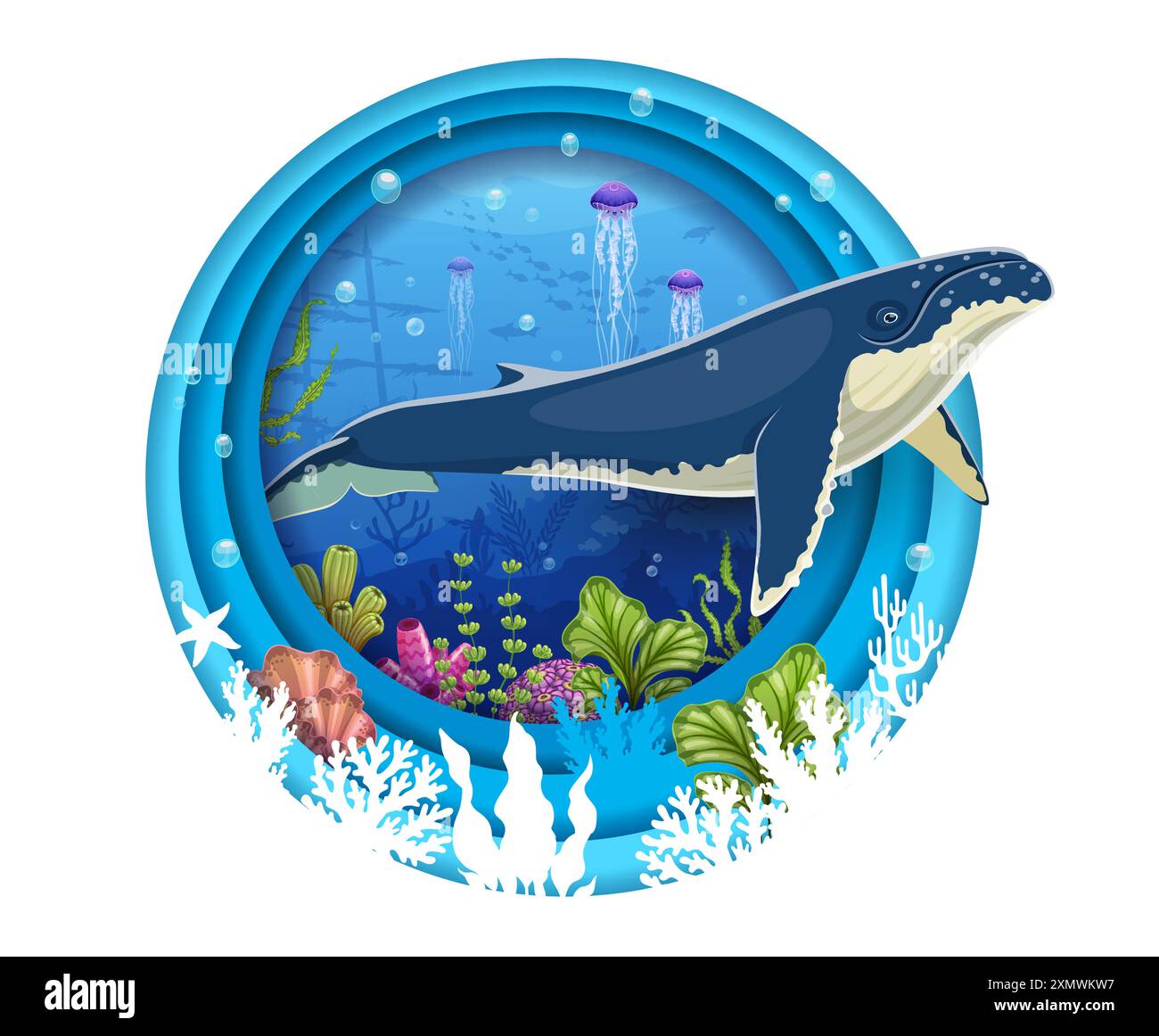 Cartoon sperm whale at underwater landscape with vibrant coral reef ...