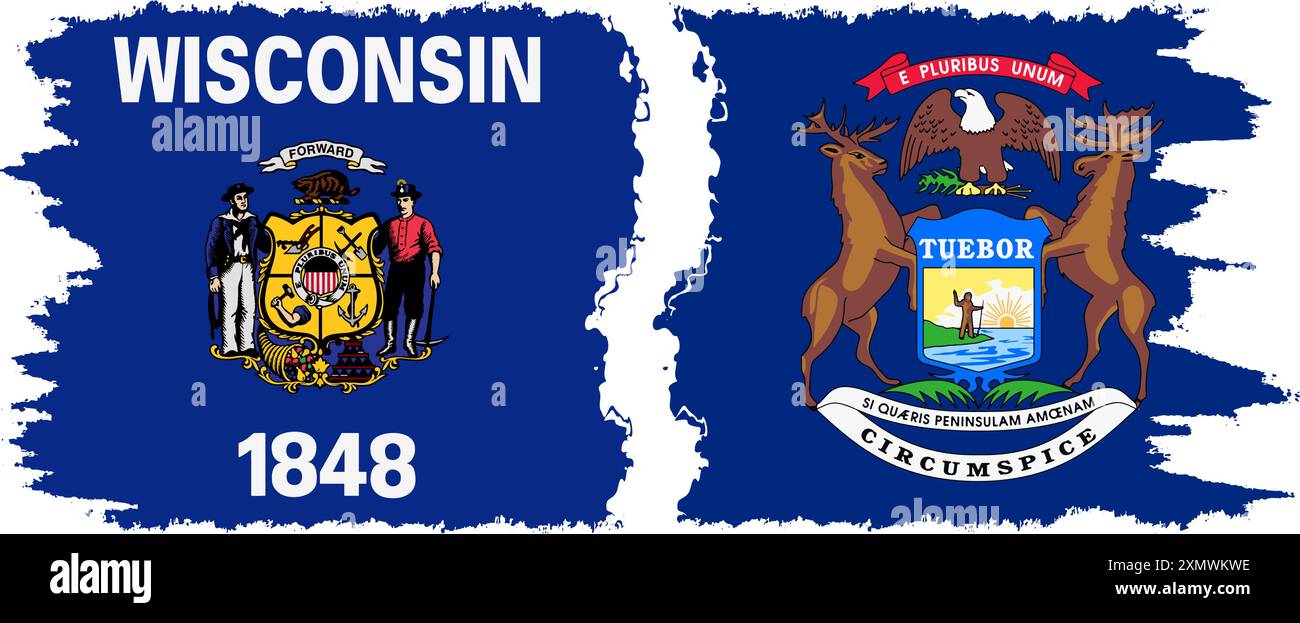 Michigan and Wisconsin states grunge brush flags connection, vector ...