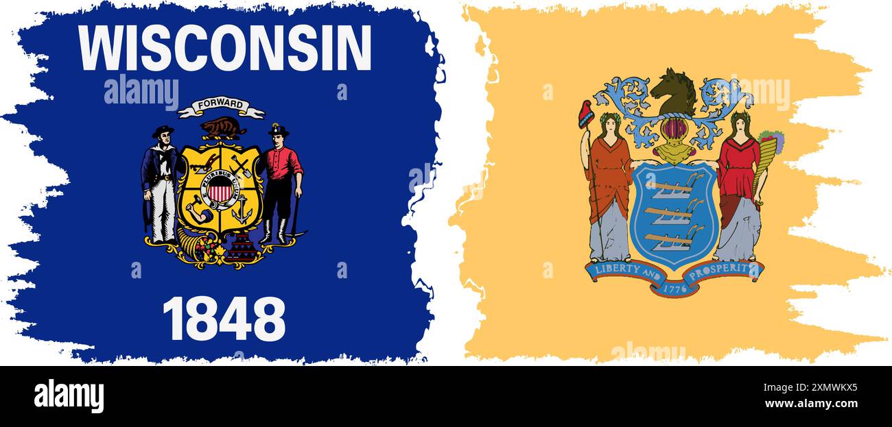 New Jersey and Wisconsin states grunge brush flags connection, vector ...