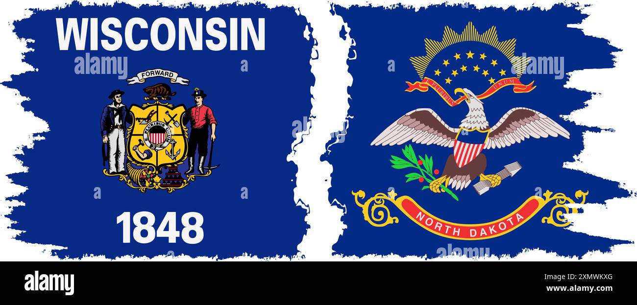North Dakota and Wisconsin states grunge brush flags connection, vector ...
