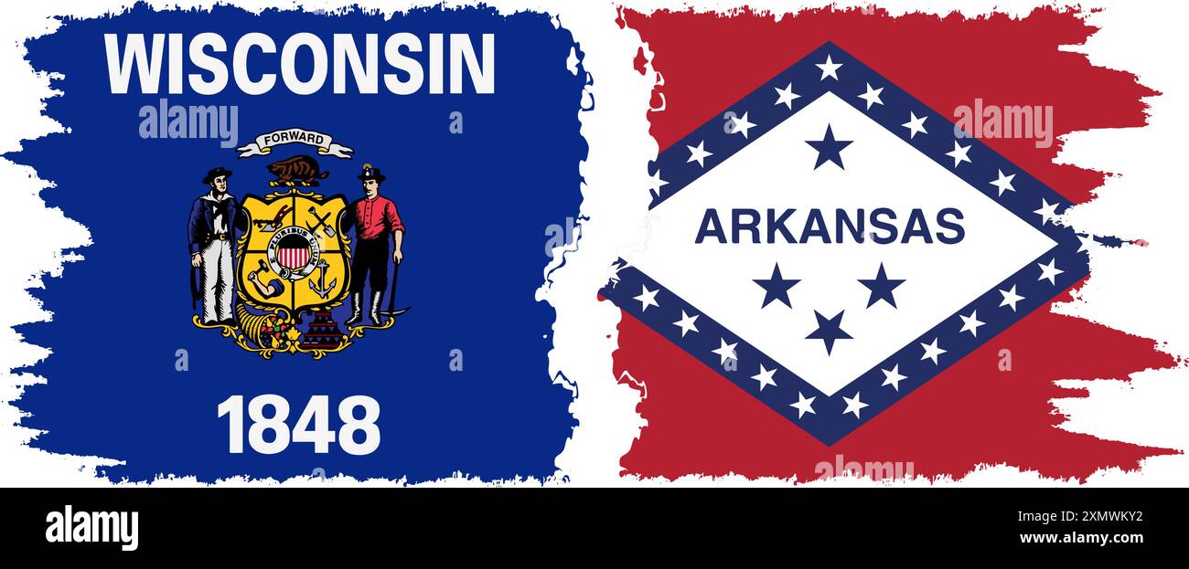 Arkansas and Wisconsin states grunge brush flags connection, vector ...