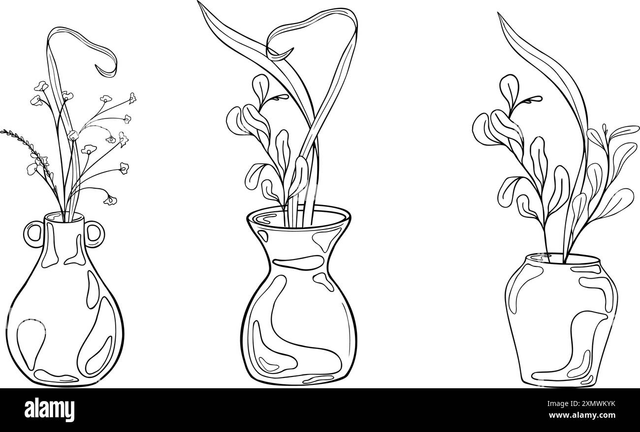 Set flowers in vases Black and White Stock Photos & Images - Alamy