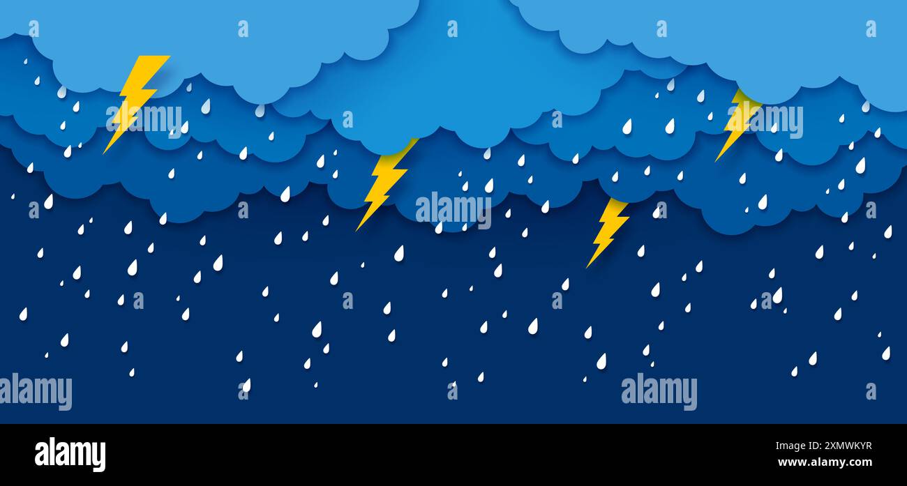 Paper cut rain sky, clouds with water drops and lightning bolts. Vector ...